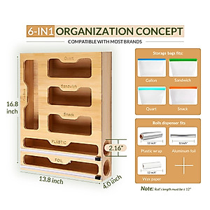 Ziplock Bag Storage Organizer for Kitchen Drawer, 6 in 1 Foil and Plastic Wrap Dispenser with Cutter, Bamboo Zip Lock Plastic Bag Baggie Organizer for Gallon, Quart, Sandwich, Snack 13" x 17" x 3.5"