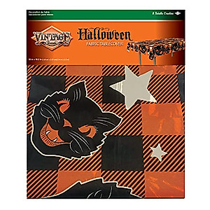 Beistle Fabric Black Cat Vintage Halloween Tablecover, 55” x 90.5” – Polyester Table Cloth, Rectangular Tablecloth, Holiday Tablecloth, Halloween Fabric Tablecloth, Halloween Decorations