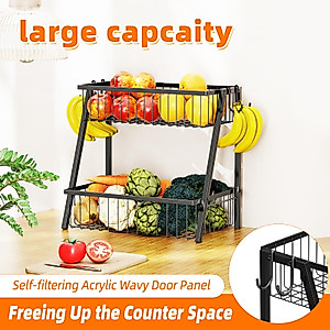 Simple Trending 2 Tier Fruit Basket Metal Wire with 4 Banana Hooks, Countertop Fruit Vegetable Basket Kitchen Organizer for Bread Snack Veggies Produce, Black
