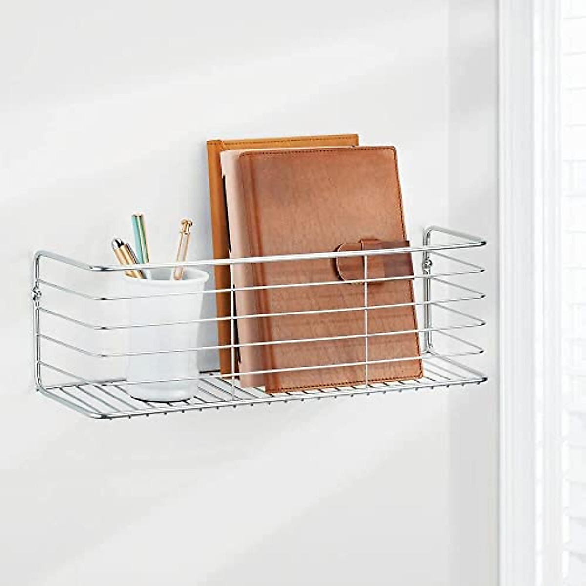 mDesign Wide Metal Wall Mount Decor Storage Organizer Display Shelf - Hang in Bathroom, Kitchen, Entryway, Hallway, Mudroom, Bedroom, Laundry Room - Concerto Collection, 2 Pack - Chrome