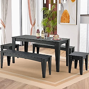 Erinnyees HDPE 5 Piece Patio Dining Set, Outdoor Table Bench Furniture Set with 1 Rectangle Dining Table, 2 Double Benches, and 2 Single Stools, for Backyard, Porch, Lawn, and Garden