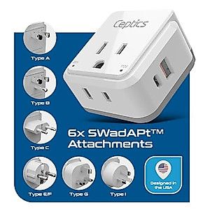 Ceptics World Power Plug Adapter Set, Dual USB & USB-C 3.1A, 20W with QC-PD, 2 USA Outlet Compact & Powerful, Use In Europe, Asia, Australia, Japan, Includes Type A, B, C, E/F, G, I SWadAPt Attachment