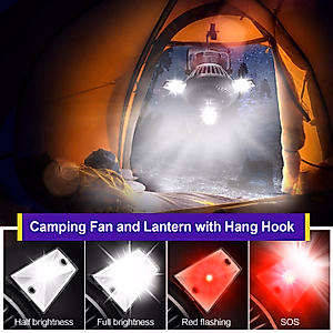 Misby Portable LED Camping Lantern with Ceiling Fan - Outdoor Tent Fan with Hook, Rechargeable Personal Desk Fan and Power Bank, 180° Quiet Battery Operated USB Table Fan for Fishing, Home, Office