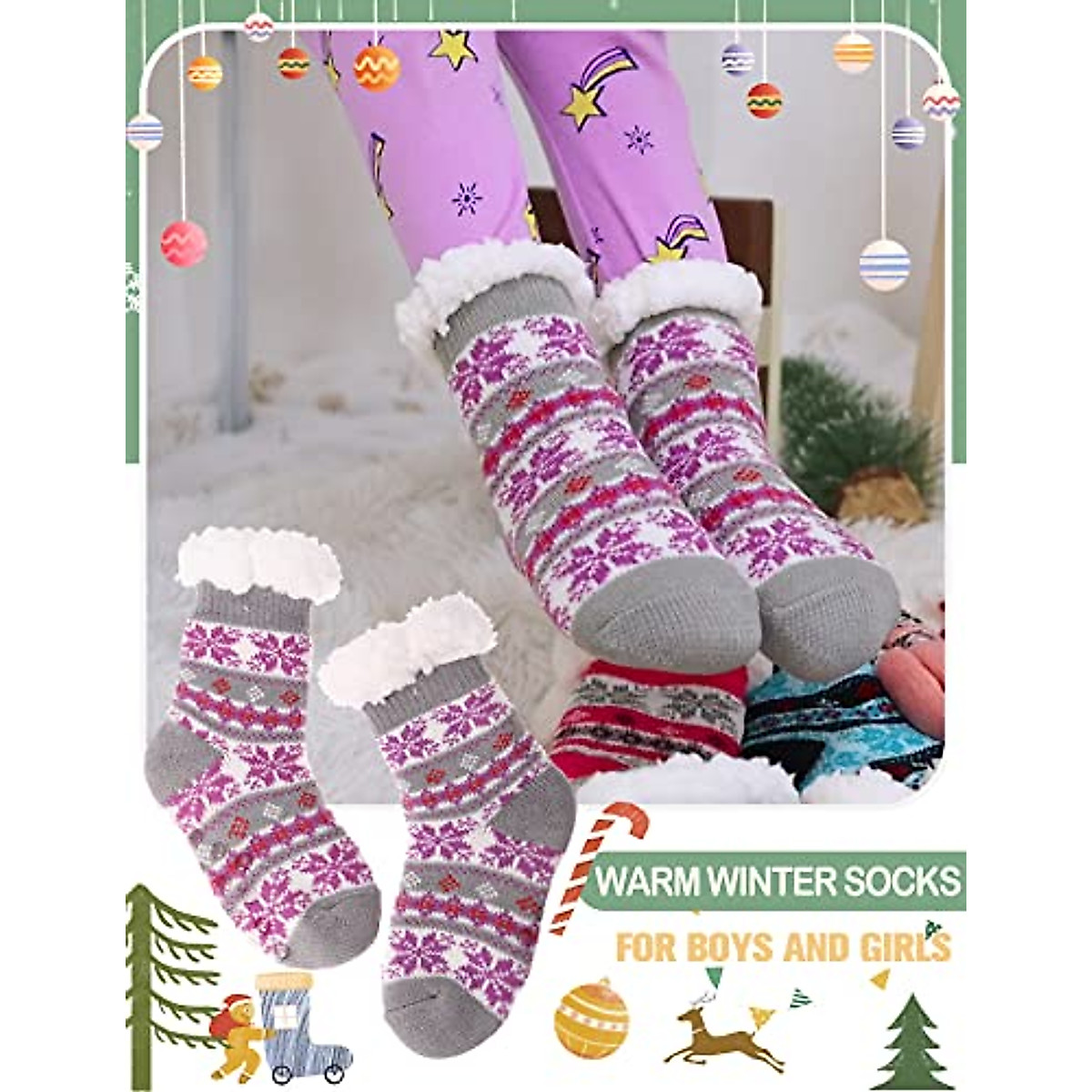 Girls Boys Kids Fuzzy Slipper Socks Fluffy Cozy Cabin Warm Winter Plush Sherpa Comfy Fleece Lined Home Soft Sleep Thick Grips Gripper Non Slip Christmas Socks Gift Stocking Stuffers for Child (Snowflake Grey, 5-9 Y)