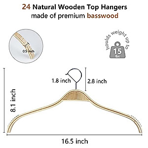 DEDU Wooden Hangers Lightweight 24 Pack, Coat Hangers for Closet Space Saving, Slim Suit Hangers Wood with Soft Rubber Non Slip Strip for Wamisole, Wedding Dress, Sweater (Natural Finish)