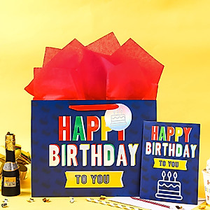 WRAPAHOLIC 13" Large Gift Bag with Card and Tissue Paper - Colorful Happy Birthday with Holographic Silver Foil