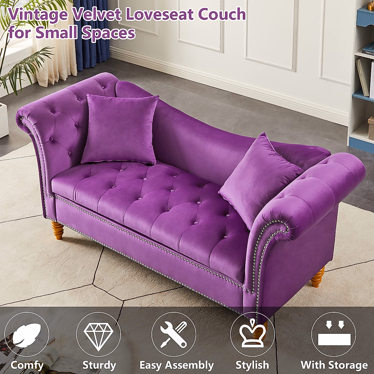 Betoko Velvet Loveseat Sofas Couches with Storage Seat Flared Rolled Arm 2 Seater Sofa for Living Room Bedroom Button Tufted Small Couch with Solid Wood Legs (Purple)