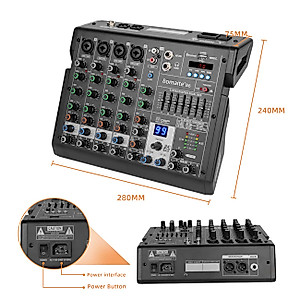 8-Channel Mixer 99 Effects 7 Band EQ Bluetooth Studio Audio Mixer for PC Recording Input, XLR Microphone Jack, 48V Power, for Professional and Beginners-Bomaite B8, Black