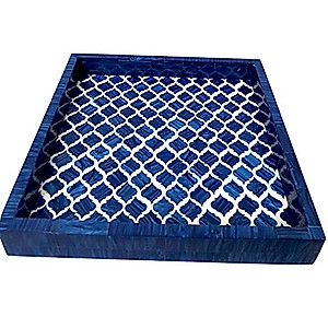 A Bone Exotic Designer Handmade Tray Kitchen Usage Coffee Table Top Drinks Serve Trays Vintage Square Blue Tray,12X12, Blue & White