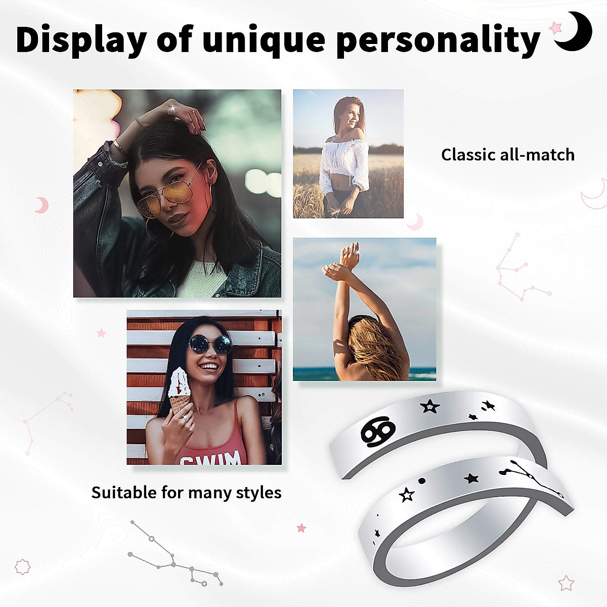 Zeponny Adjustable Engraved Cancer Zodiac Ring, Surgical 316L Stainless Steel Statement Signs of Zodiac Open Adjustable Finger Ring, Horoscope Astrology Ring Jewelry Gift for Women Men