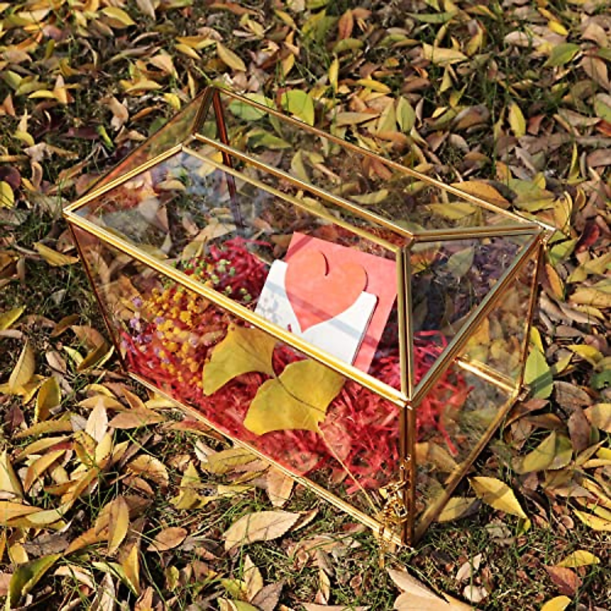 QLQSIMON 10.2'' Handmade Gold Geometric Terrarium - Glass Wedding Card Box with Slot and Lock- Large Clear Display Box for Wedding Reception, Wishwell, Keepsake