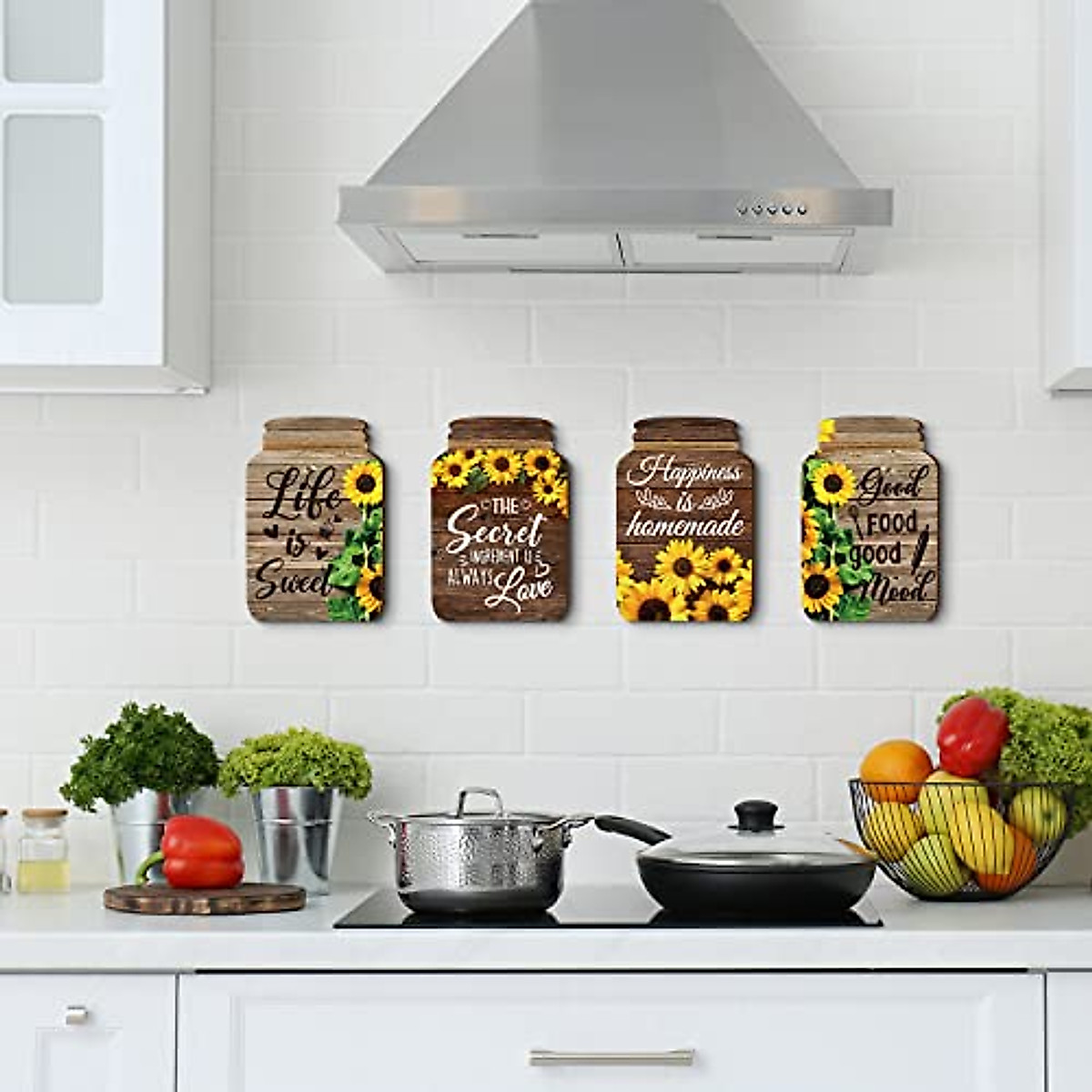 4 Pcs Kitchen Wall Decor Mason Jar Set Wooden Rustic Home Decor Inspirational Kitchen Decor Hanging Farmhouse Kitchen Signs Wall Decor for Home Decor (Sunflower)