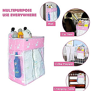 Selbor Baby Nursery Organizer and Diaper Caddy, Hanging Diaper Stacker Storage for Changing Table, Crib, Playard - Nursery Organization for Newborn (Pink Starry Elephant, Bottle Cooler Included)