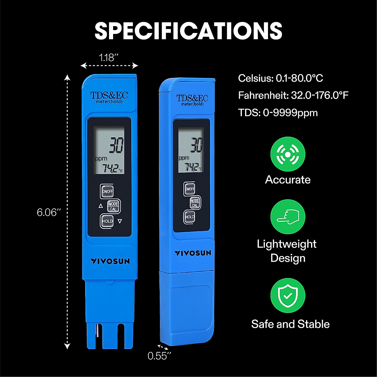 VIVOSUN PH Meter Digital PH Tester Pen, Army Green and TDS Tester 3-in-1 TDS EC & Temperature Meter Ultrahigh Accuracy Digital Water Quality TDS Tester (Blue)