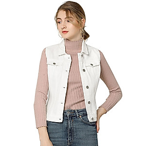 Allegra K Women's Buttoned Washed Denim Vest Jacket W Chest Flap Pockets Medium White