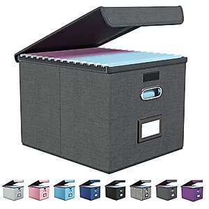 Collapsible File Storage Organizer Boxes with Lids, Linen Office Document Storage Box, Filing Box, Decorative Small File Box for Hanging File, Single File Box with Plastic Slide for Office/Decor/Home