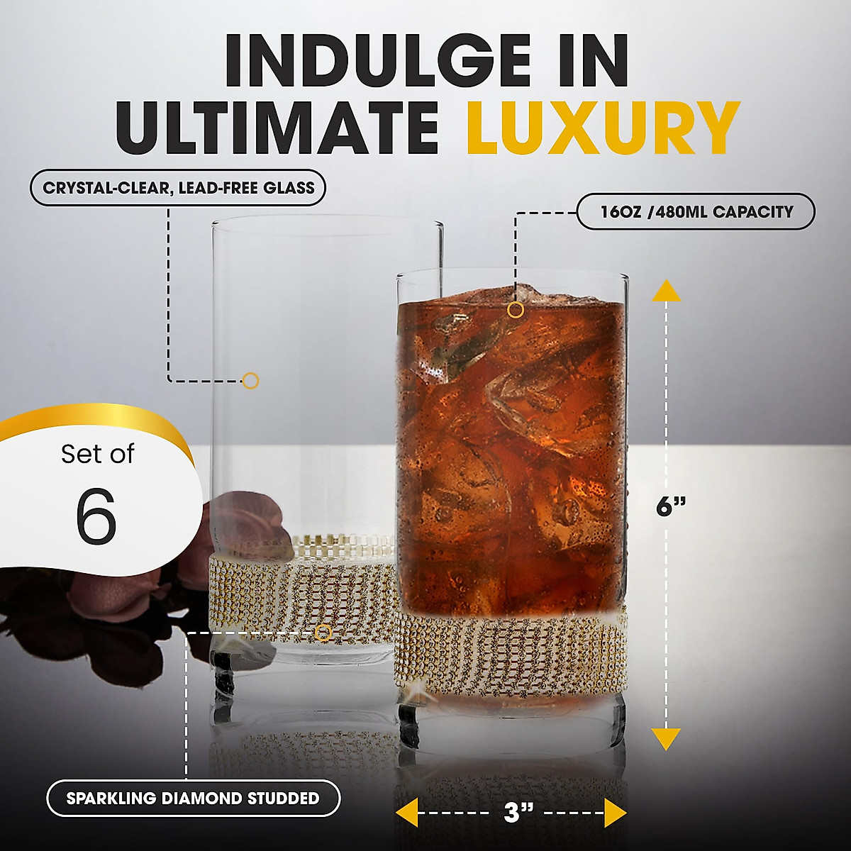 BERKWARE Luxurious Highball Glasses - Elegant Cocktail Glasses & Tom Collins Glasses with Rhinestone Design, 16oz (Set of 6)