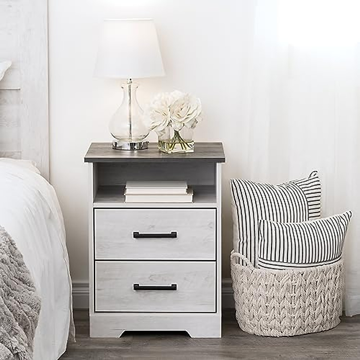 Prepac Rustic Ridge Farmhouse Bedroom Nightstand with 2 Drawers and an Open Cubby, Wooden Bedside Table for Bedroom, Office, or Living Room, 16.25in x 18.75in x 24.5in, Washed White