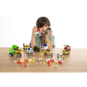 JOYIN 12Pcs Toddler Toy Cars Diecast Friction Powered Vehicles with 12 Traffic Road Signs 4 Construction Truck 2 Fire Truck 2 Police Car 2 Garbage Truck 2 Military Car Kids Birthday Easter Xmas Gifts