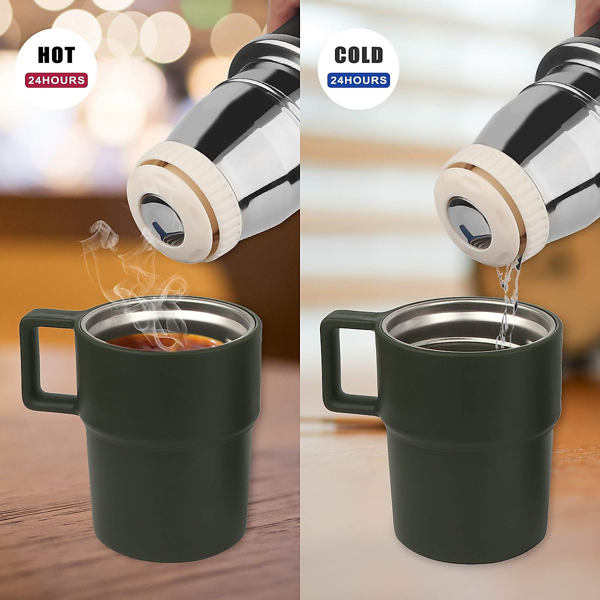 FEIJIAN Coffee Thermos with Cup,21 OZ Stainless Steel Water Bottle, Vacuum Insulated Water Bottle, Thermos for Hot Drinks/Cold Drinks, Leakproof Build-in Lid Cup Integrated Handle, Army Green