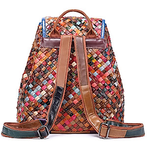 MASIWEI Genuine Leather Patchwork Backpack Purse for Women Multicolor Cute Large Capacity Bookbag with Drawstring Design