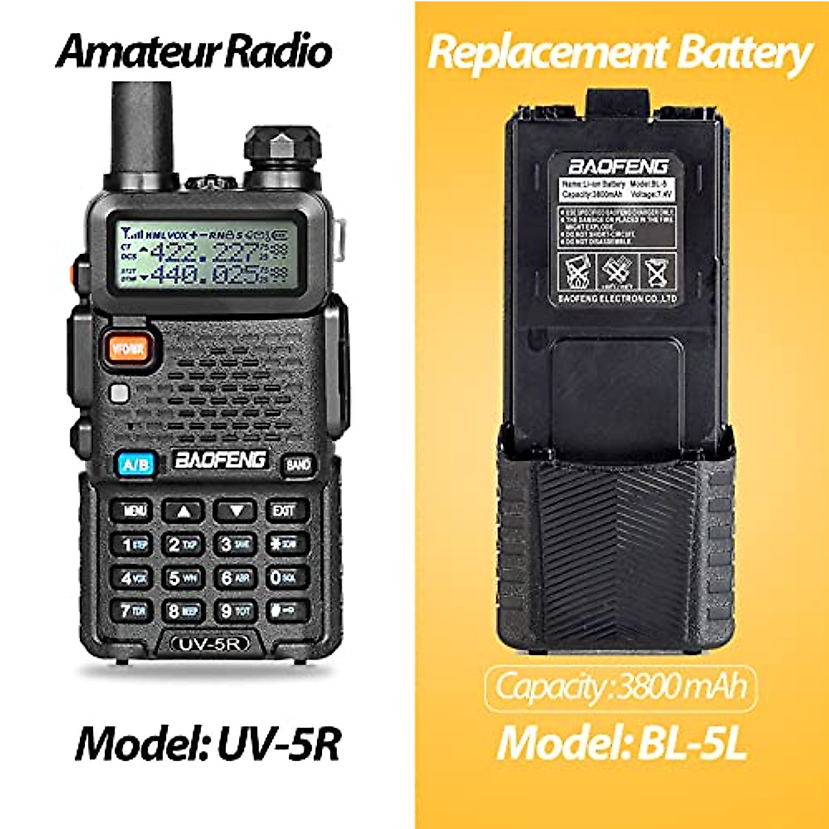Baofeng UV-5R Two Way Radio with 3800mAh Battery and Programming Cable and Radio Case