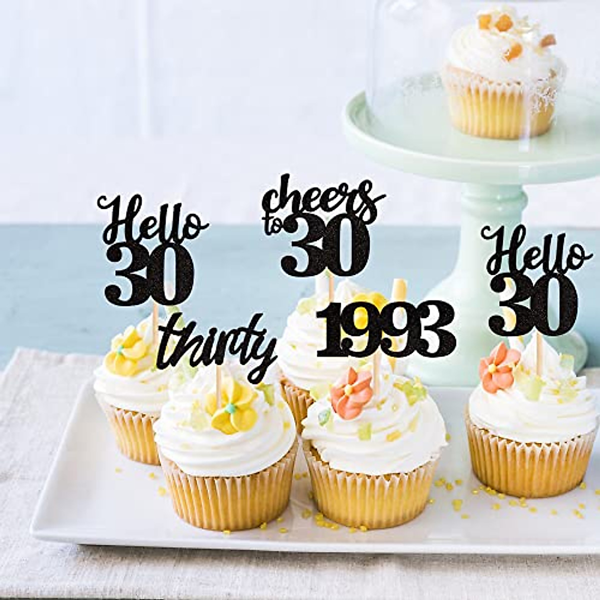 24 PCS Black 30th Birthday Cupcake Toppers Glitter Hello 30 Cupcake Topper Cheers to 30 Since 1993 Thirty Cupcake Picks for Happy 30th Birthday Anniversary Party Cake Decorations Supplies