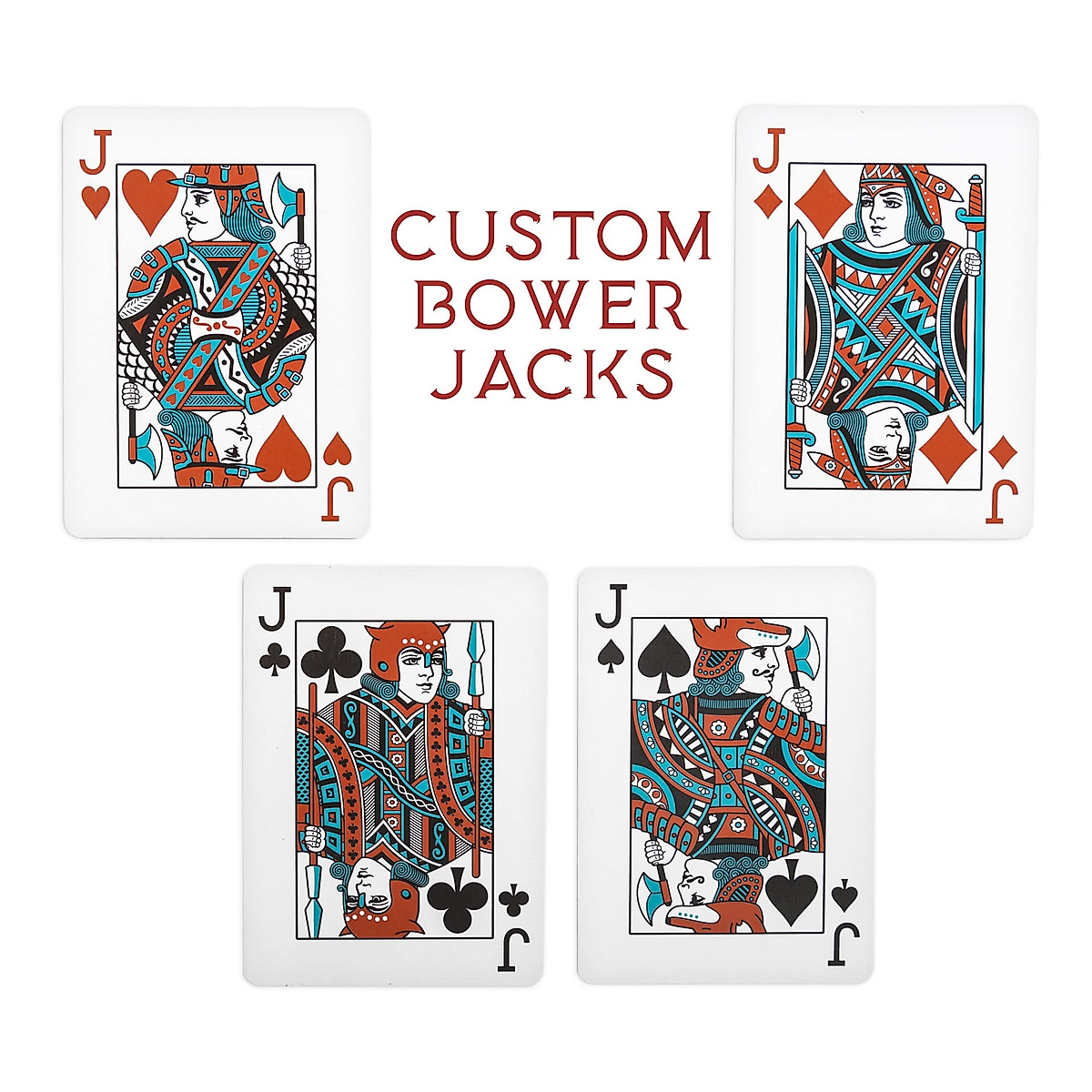 Brybelly Euchre Card Game - 2 Specialty Decks Pre-Stripped to 33 Cards for Classic American Euchre or 32 Card 6-Player Variant - Custom Bower Jacks Card Art and Blank Counter Cards Included