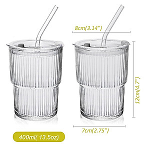 Lioong 2pcs Clear Glass Cups with Lids and Straws,Ice Coffee Cups With Lids,Glass Coffee Tumbler with Sip Lid,Glass Cups Go Traveling Coffee Mugs For Cold Drinks, Smoothie, Juice,Drinking (400ml)