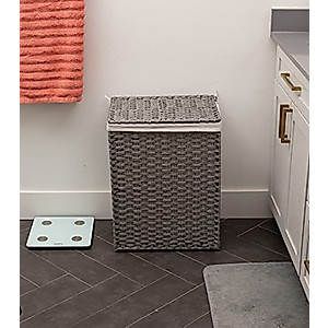 BIRDROCK HOME Single Laundry Hamper with Lid - Grey - Liner Bag - Hand Woven - Small Collapsible Hampers - Foldable Bin - Synthetic PE Rattan - Hand Woven - Clothes Basket