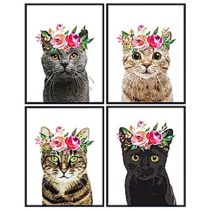 Tabby Cat, Gray Cat, Black Cat Wall Decor - Gift for Kitten, Kitty, Cat Lovers, Women - Cute Floral Wall Art, Room Decoration for Girls Bedroom, Kids Room, Living Room, Nursery - Adorable Poster Set