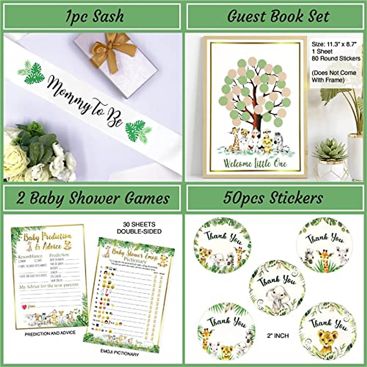 270 Piece Jungle Safari Baby Shower Decorations for Boy Or Girl Kit | Gender Neutral Animal Decor | Banners Garland Fans Guestbook Sash Balloons Cake Topper Games Stickers Creature Cutouts Ivy Vines