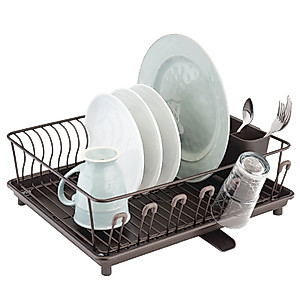 mDesign Alloy Steel Sink Dish Drying Rack Holder with Plastic Swivel Spout Drainboard Tray - Dish Rack/Dish Drainer Storage Organizer for Kitchen Counter - Concerto Collection, Bronze