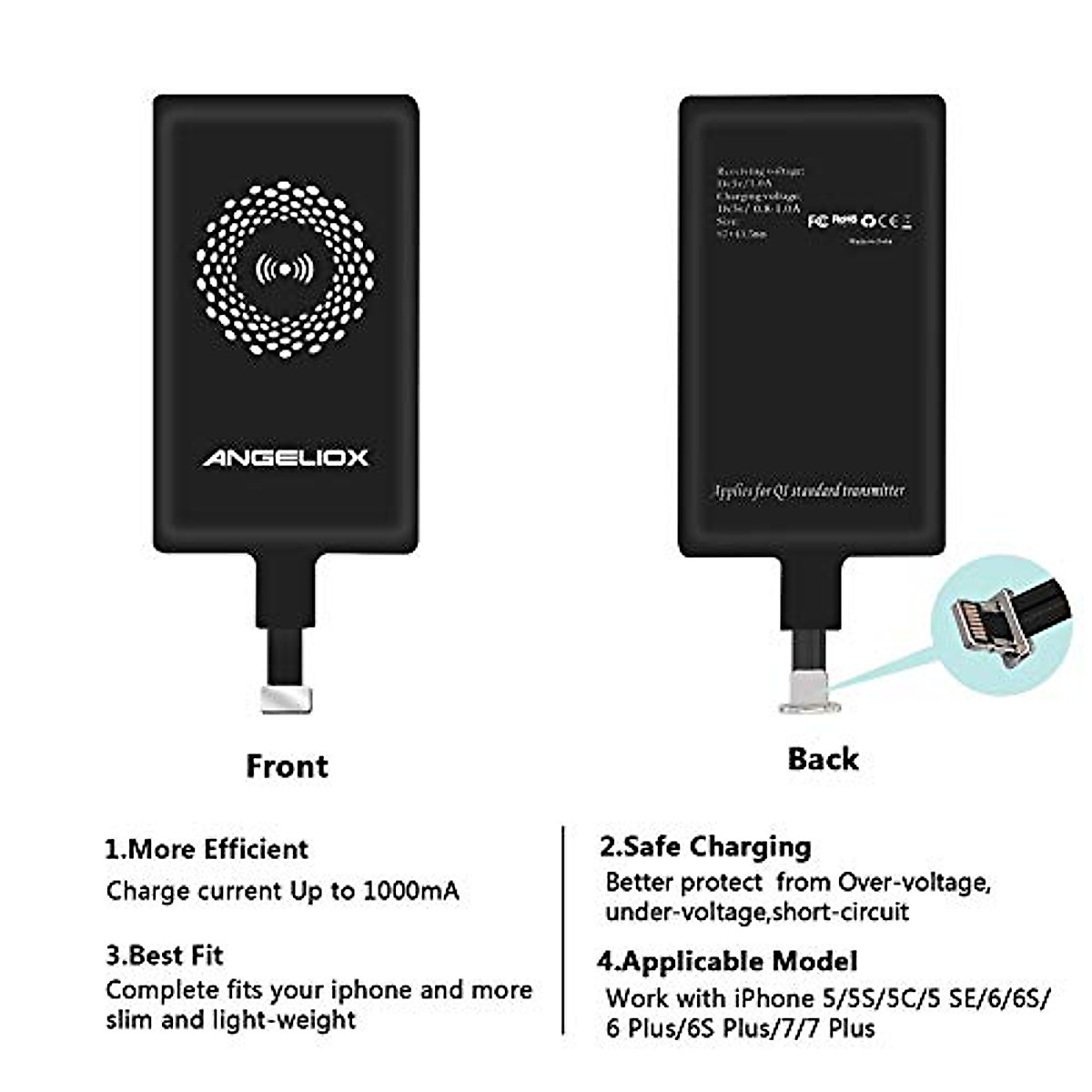 Wireless Charger Charging Pad with Qi Wireless Charging Receiver for iPhone 7/7 Plus/6S Plus/6 Plus/6S/6/5S/5/5C/SE (Included Black Qi Receiver)