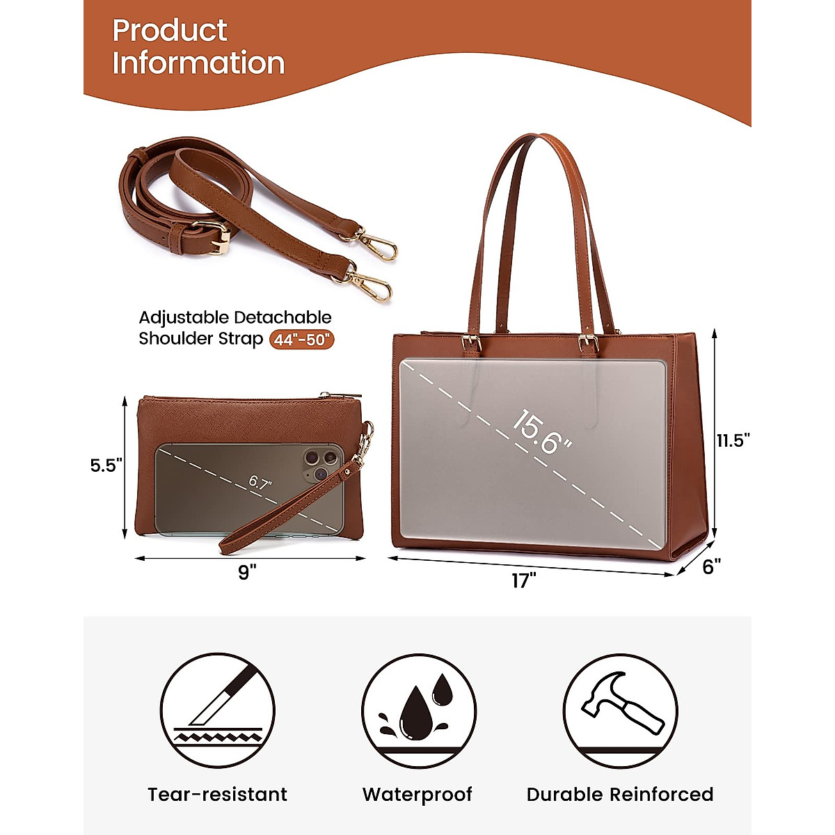 LOVEVOOK Laptop Bag for Women, 15.6 Inch Large Waterproof PU Leather Computer Tote Bag for Work Business Office Travel with USB Charging Port, Fashion Waterproof Shoulder Bag Handbag Purse, Brown