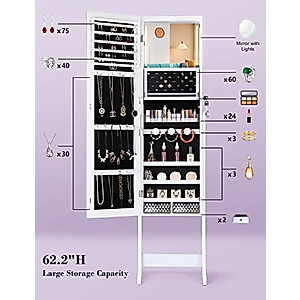Nicetree Touch Screen LED Jewelry Organizer, Freestanding Full Length Mirror Jewelry Cabinet, Standing Mirror with Jewelry Storage, 2 Drawers, Foldable Makeup Shelf，White