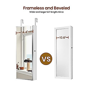 Hzuaneri 8 LEDs Jewelry Cabinet Armoire, 42.7" Tall Frameless Mirror Jewelry Organizer, lockable Wall/Door Mounted Makeup Jewelry Storage with Mirror, 4 Shelves, White and Black JC10803B