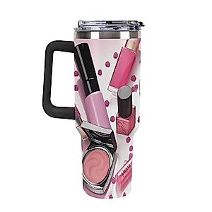 Modern Woman Cosmetic Insulated Stainless Steel Travel Mug, 40 Oz Tumbler with Handle And Straw Double-Wall Vacuum Coffee Cup, Leak-Proof Lid, Keeps Drinks Hot/Cold for Hours