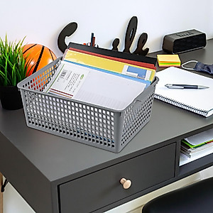 Guankan Plastic Basket for Organizing, 3 Pack Large Storage Basket Bin, Gray