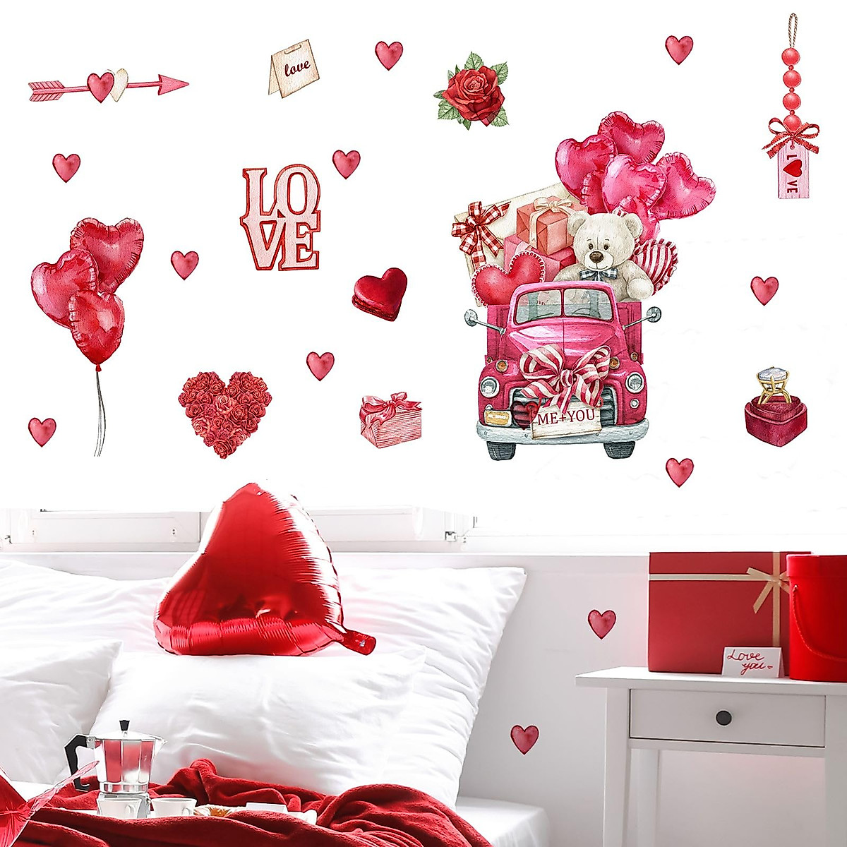 Valentine's Day Love Wall Decals Red Truck Balloon Window Clings Wall Stickers Rose Diamond Ring Romantic Decals Removable Peel and Stick Murals for Home Bedroom Living Room Wedding Anniversary Decor