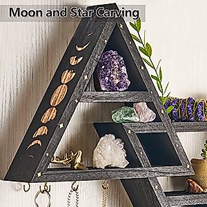 Sysnocon Triangle Crystal Shelf Display with Hooks, Moon Shelf for Witchy Room Decor Triangle Shelf for Crystal Stones Display, Crystal Holder Crystal Organizer Shelf for Living Room, Bed Room