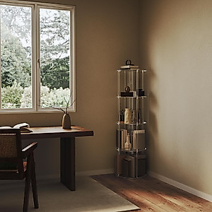 CRTERICX Acrylic Rotating Bookshelf, 5 Tier Round Clear Bookcase with Metal Base, 360 Spinning Bookshelf for Living Room, Bedroom, Corner, Floor Standing, 15.7" D x 15.7" W x 54.1" H