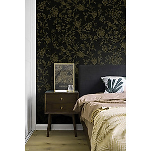 Safiyya Peel and Stick Wallpaper Gold and Black Contact Paper Floral Birds Wallpaper Peel and Stick Removable Wallpapr Boho Wallpaper Flower Contact Paper for Cabinets Vinyl Rolls 118"x17.3"