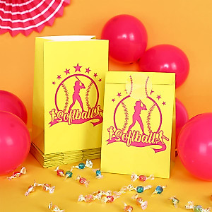 JOYMEMO 16 Pack Softball Party Treat Bags with Stickers, Fast Pitch Favor Goodie Gift Paper Bags for Girls Birthday Supplies