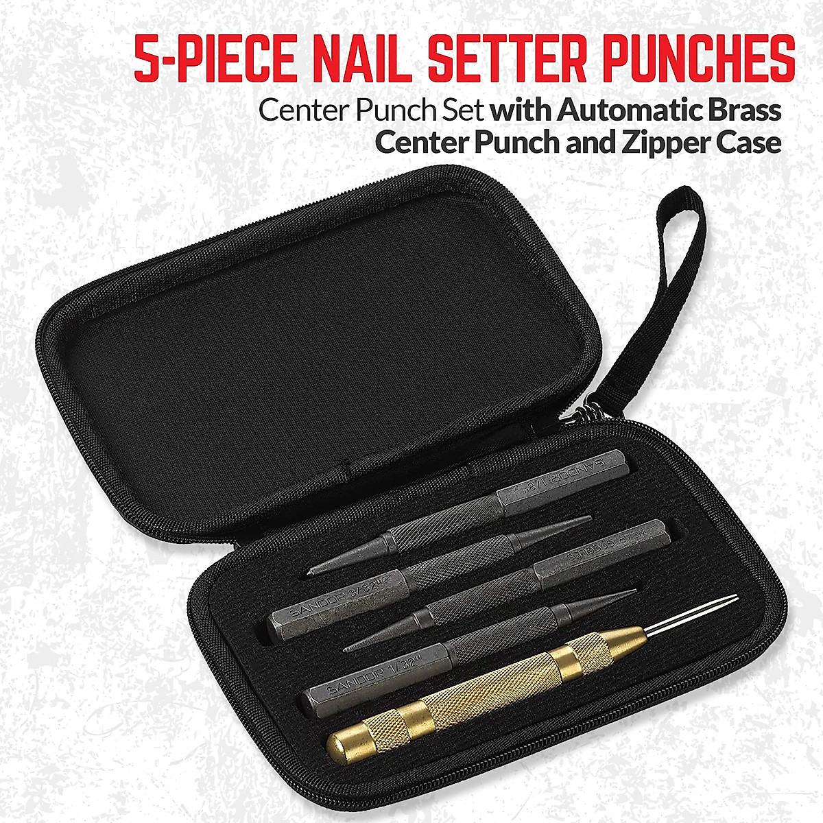 5-Piece Nail Setter Punches and Center Punch Set with Automatic Brass Center Punch and Zipper Case