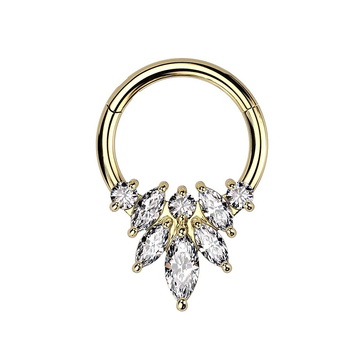 Pierced Owl 16GA 316L Stainless Steel Marquise CZ Crystal Flower Center Hinged Segment Ring (Gold Tone)