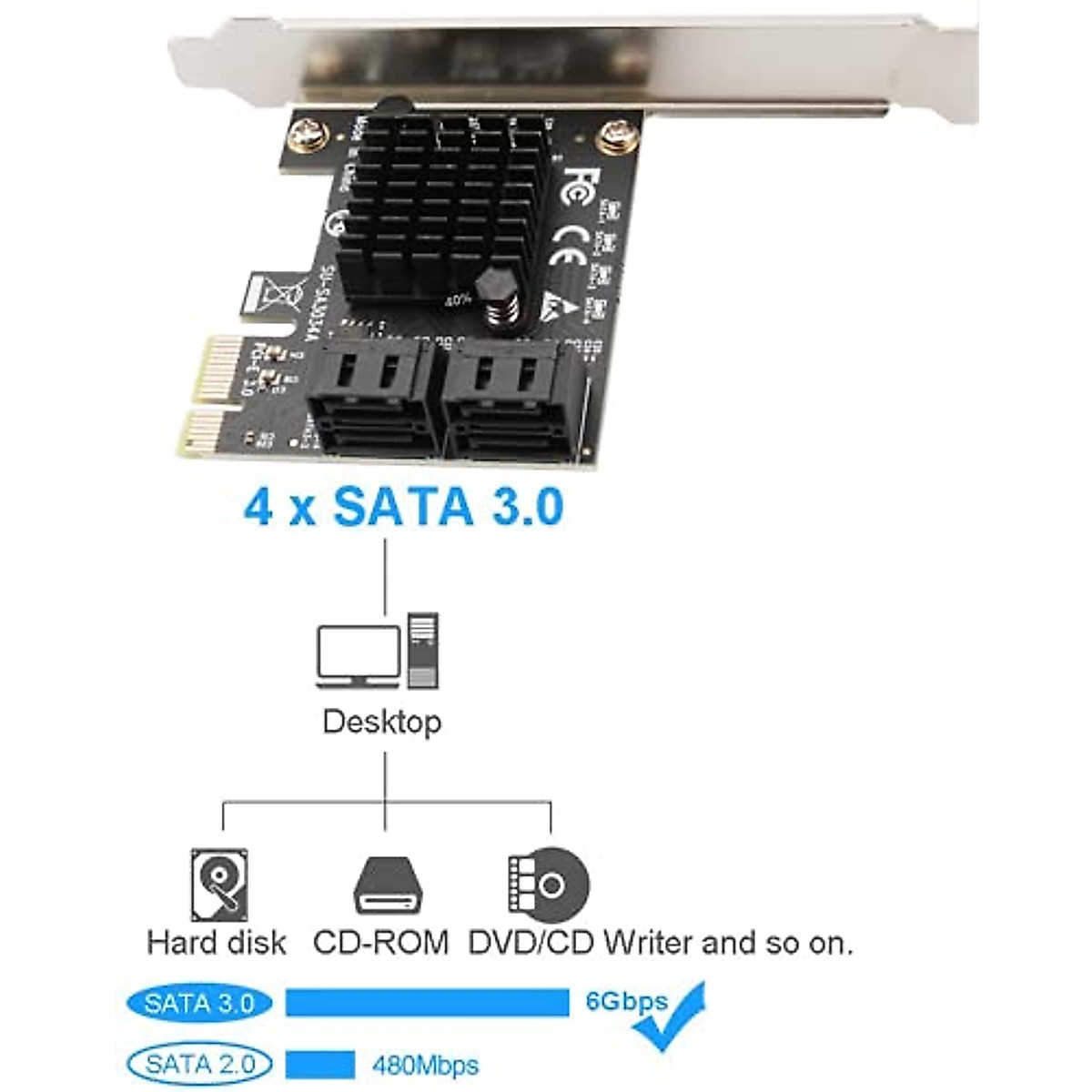 SATA Card, PCIE 3.0, 4 Port with 4 SATA Cable, SATA Controller Expansion Card with Low Profile Bracket, Non-Raid, Boot as System Disk, Support 4 SATA 3.0 Devices