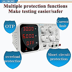 DC Power Supply Variable,30V 6A 180W Adjustable Switching Regulated DC Bench Power Supply with 4-Digits LED Power Display 5V/2A USB Output, Coarse and Fine Adjustments White