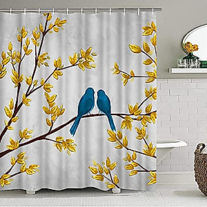 DuoBaorom 4 Pieces Set Tree Bird Shower Curtain Set Blue Love Birds on Yellow Tree Branch Picture Print on Non-Slip Rugs Toilet Lid Cover Bath Mat and Bathroom Curtain with 12 Hooks 72x72inch