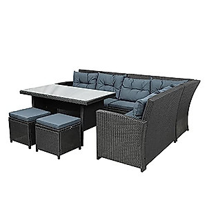 GODAFA 7 Seating Outdoor Patio Furniture Sectional Sofa Set, All-Weather L Shaped Couch with Glass Table, Ottomans for Backyard Porch Poolside, 1, Black